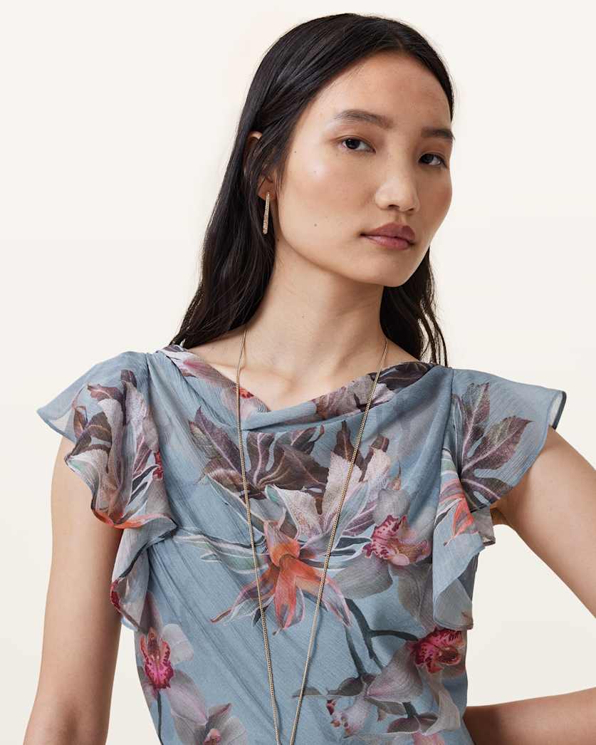 Flora Printed Maxi Dress ADENA DUSTY BLUE | ALLSAINTS